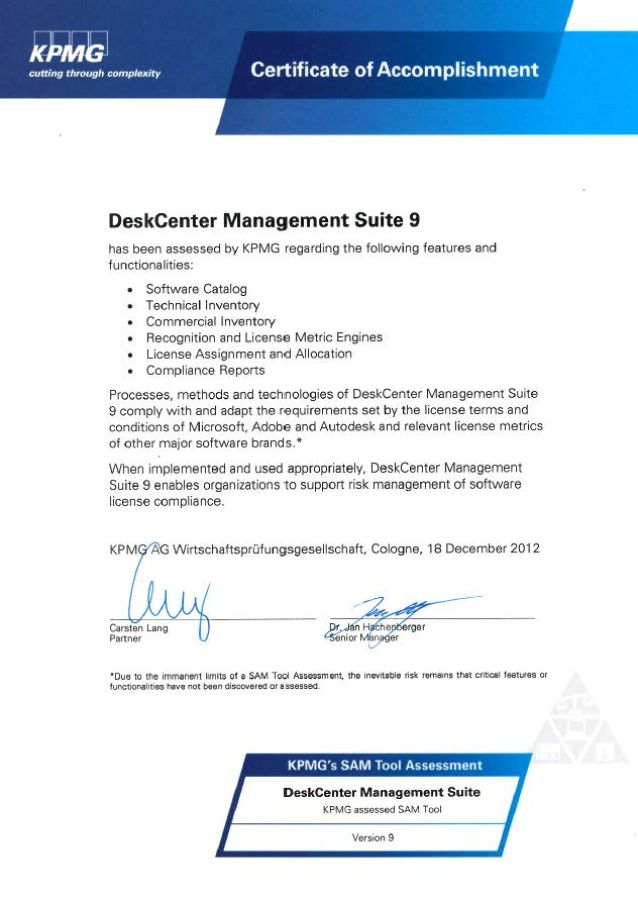 KPMG zertifiziert DeskCenter® Management Suite als SAM Tool